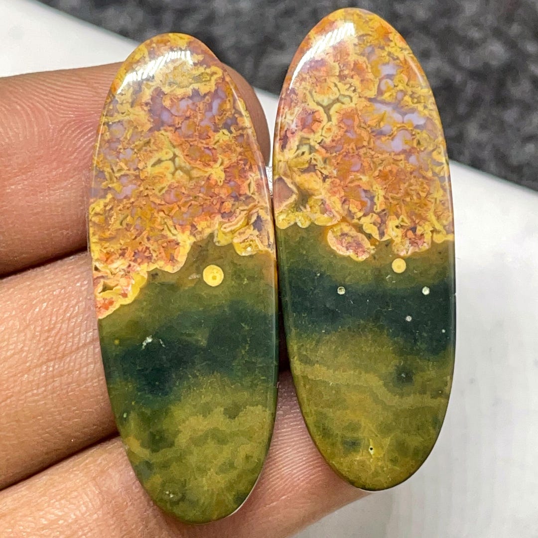 Orbicular Jasper Pair, Ocean Japser Pair, Oval Cabochon, 37x14x4 MM, 42 ...