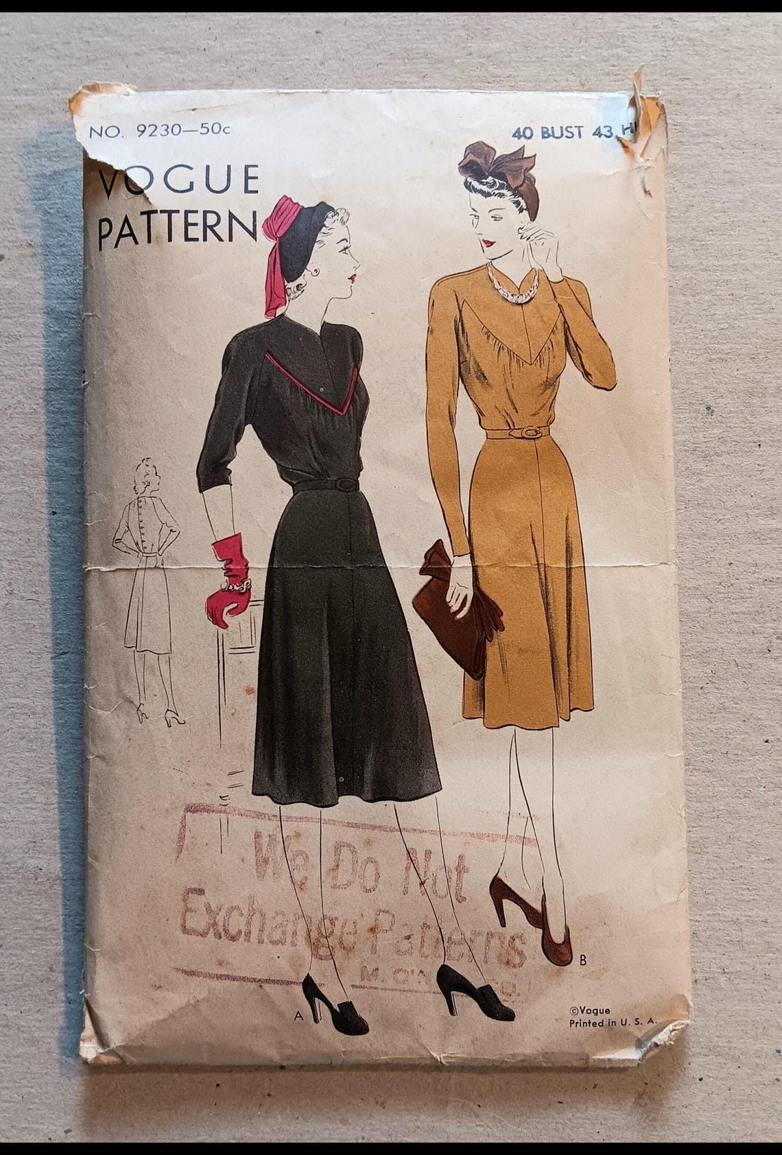 Vintage Original 1940's Vogue Pattern for Woman's One Piece Dress Bust ...