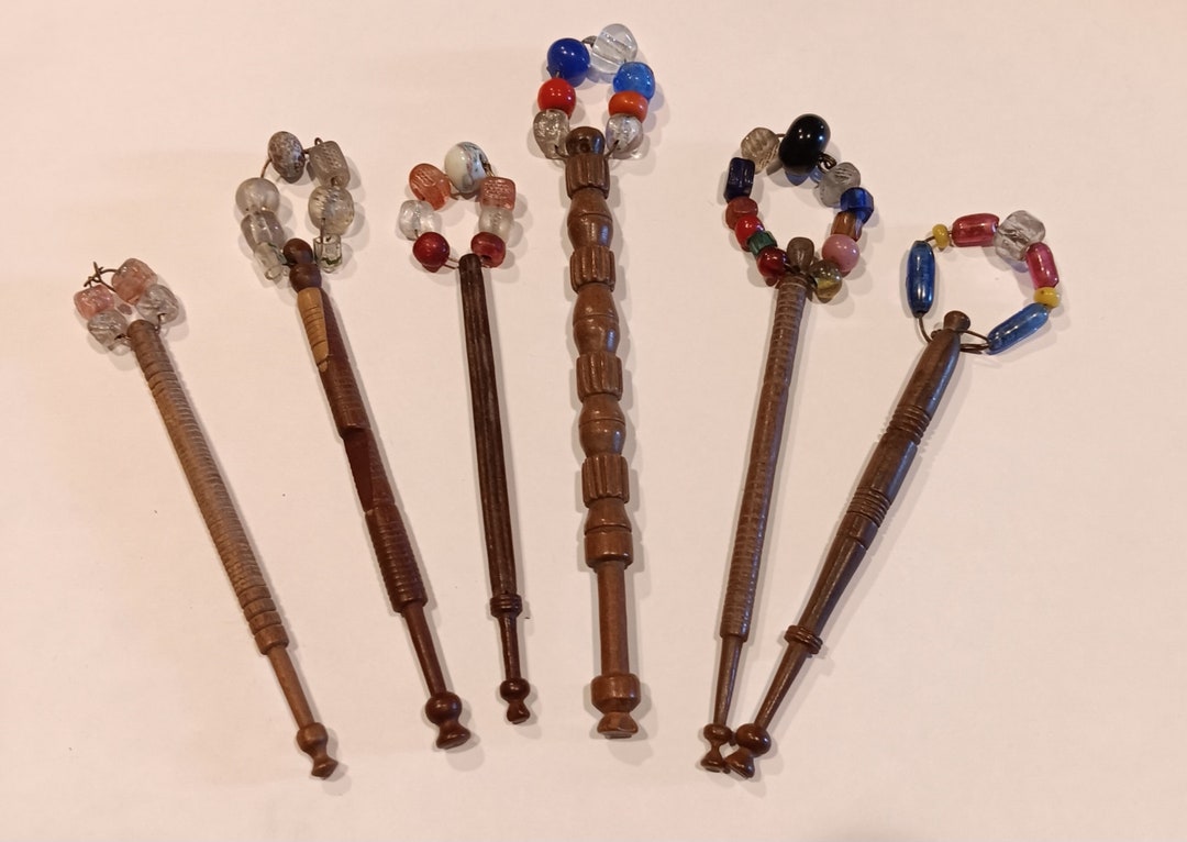 Set of 6 Antique Wood Lace Making Bobbins With Glass Bead ...