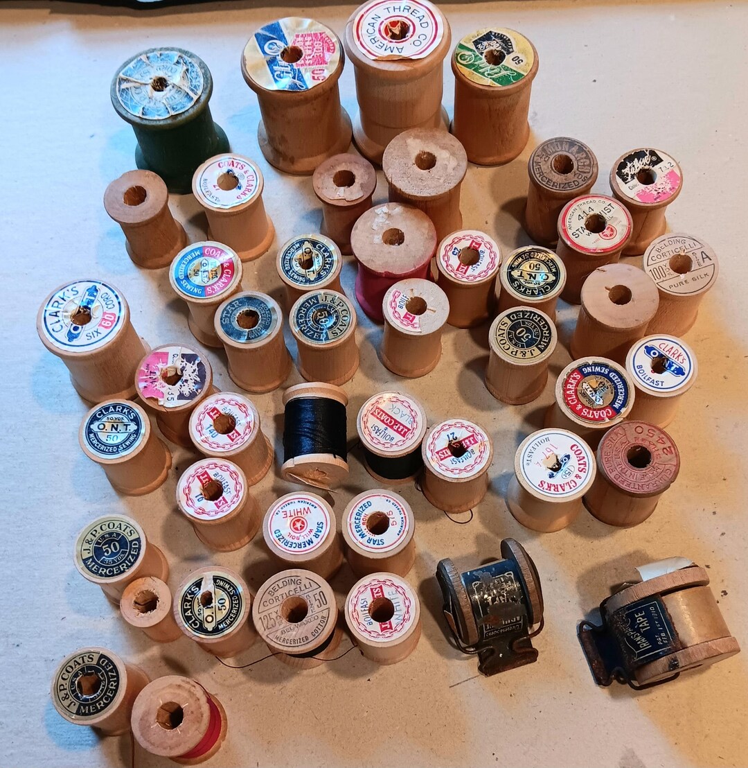 46 Vintage Wood Sewing Thread Spools- Variety of Sizes, Including 2 ...