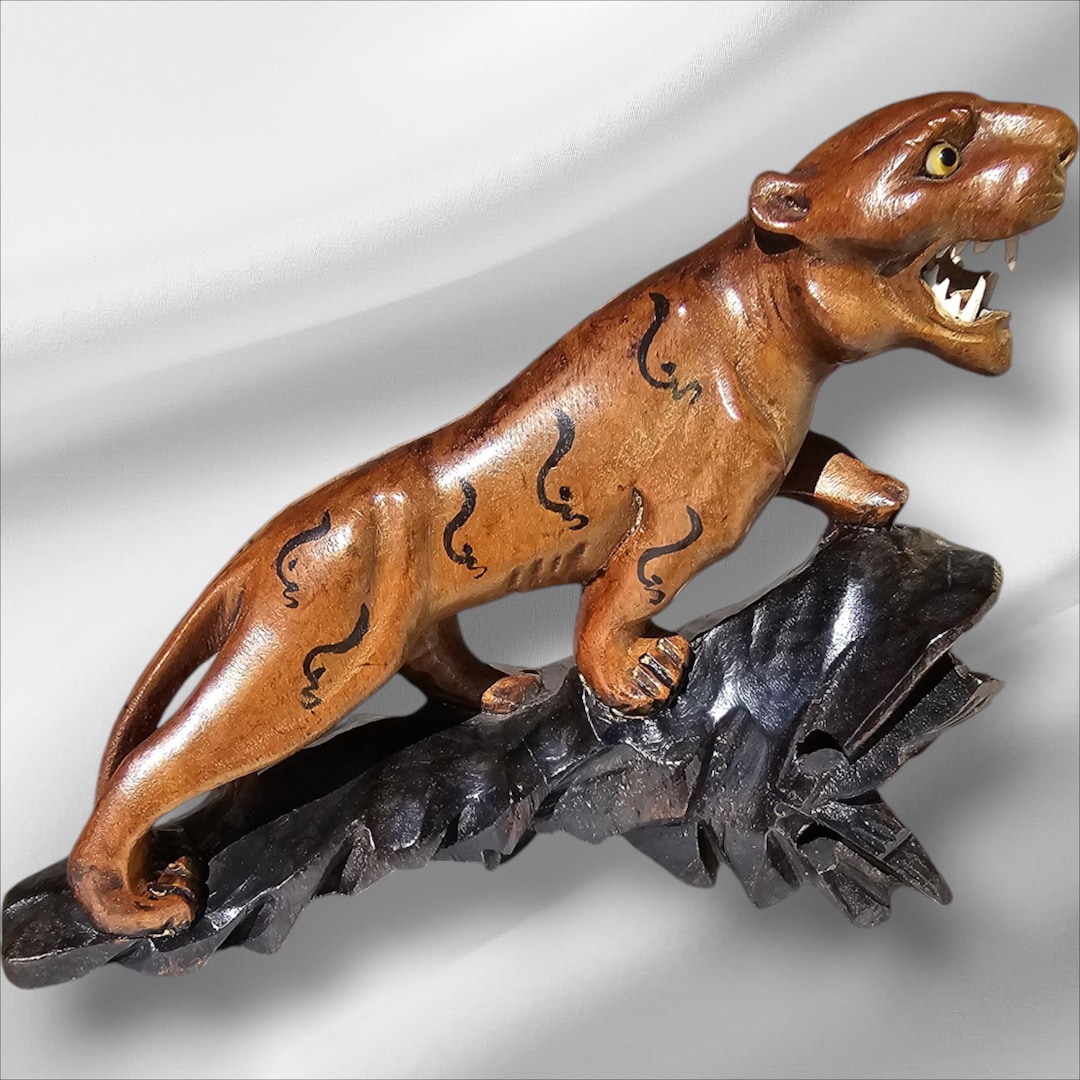 Vintage Hand Carved Wooden Chinese Tiger Figurine With Inlaid Teeth and ...