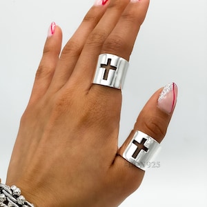 Solid Sterling Silver Cross Ring – Wide Chunky Band, Heavy Statement Religious Jewelry, Unisex ...