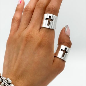 Solid Sterling Silver Cross Ring – Wide Chunky Band, Heavy Statement Religious Jewelry, Unisex ...