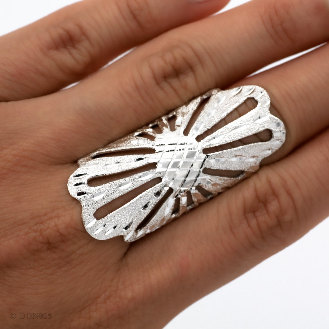 Sterling Silver Flower Ring, Shield Ring, Full Finger Ring, Armor Ring ...