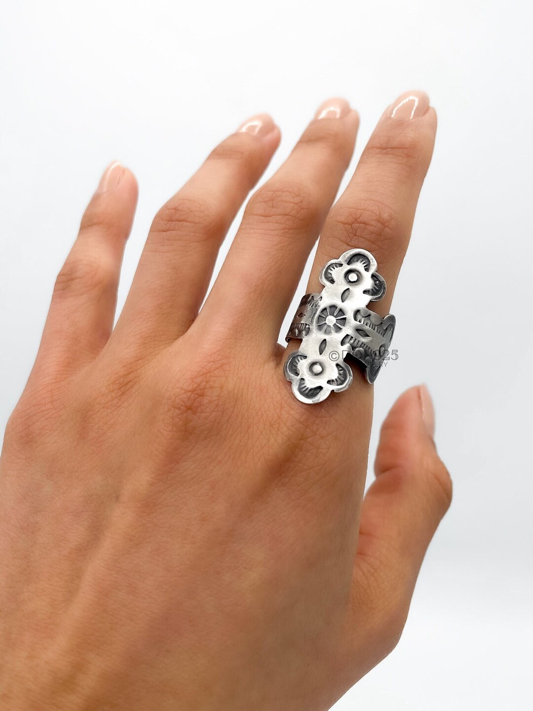 Sterling Silver Cross Ring, Big Matte Silver Ring, Boho Adjustable Ring ...