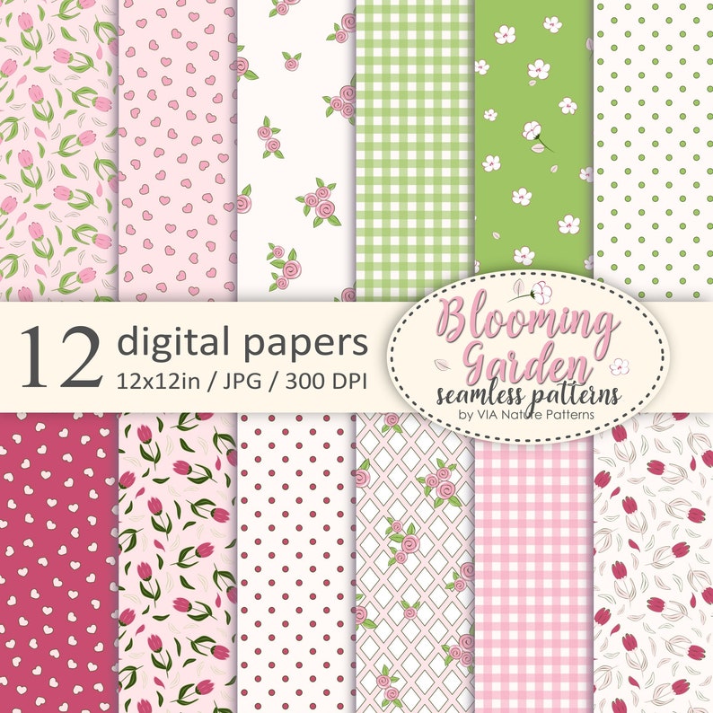 Summer Floral DIGITAL PAPERS | Design Fabric | Tulips, Roses, Dots ...