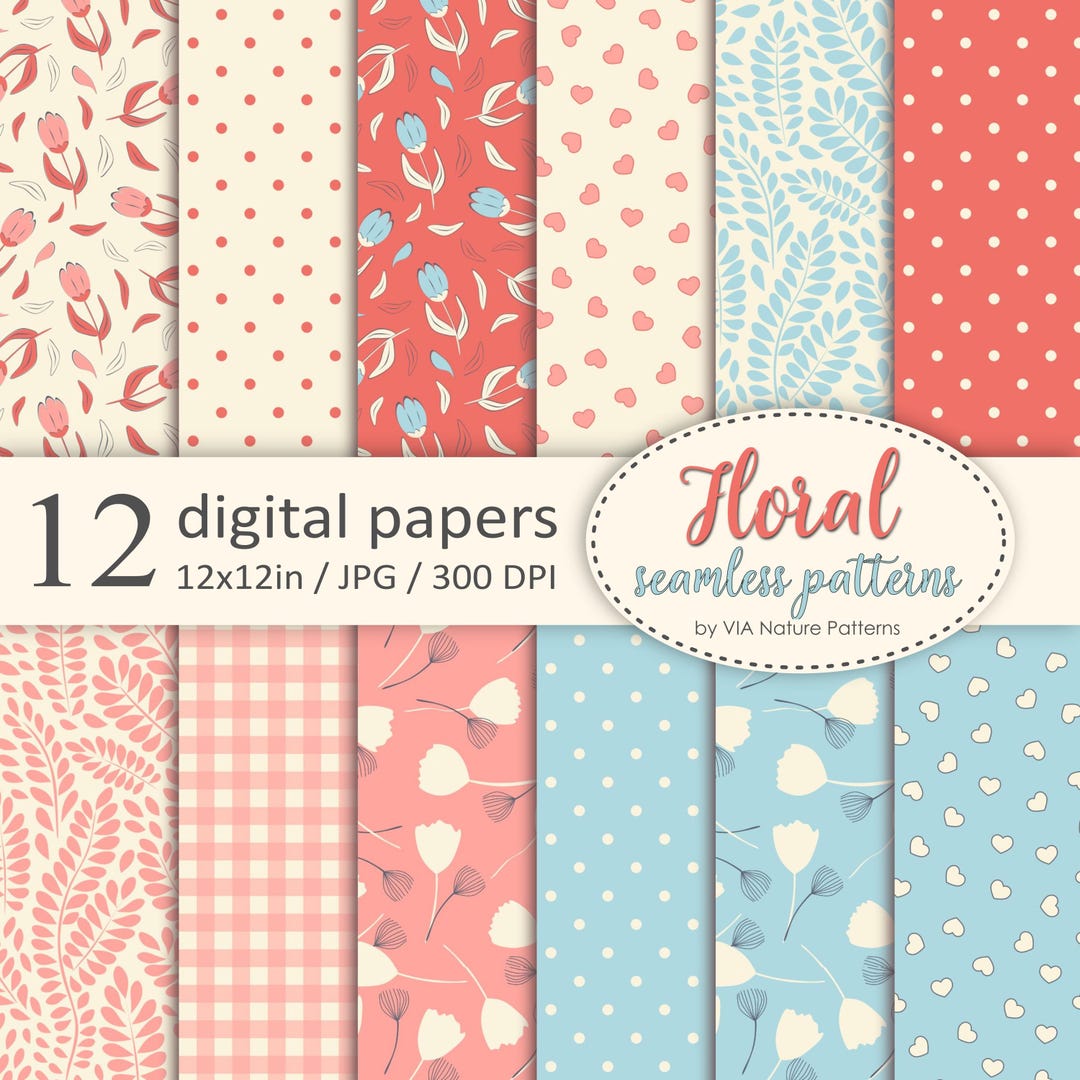 12 Pastel Floral Digital Paper Pack | Flowers Dots Hearts Seamless ...