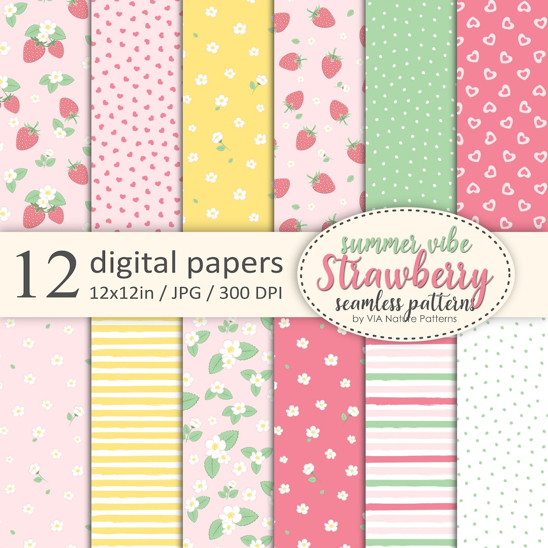 Summer Digital Papers Strawberry Floral Seamless Pattern. Pastel Colors ...