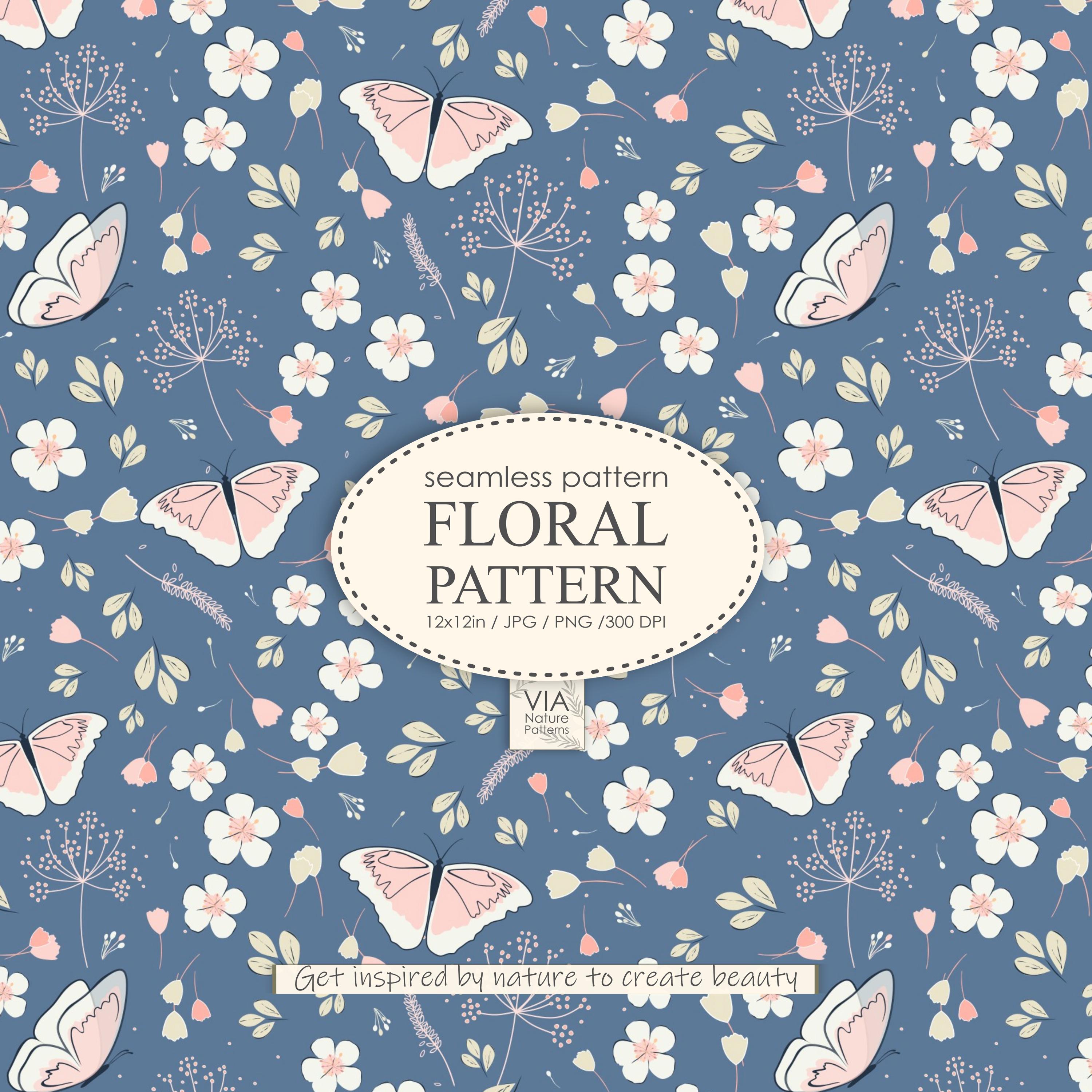 Dusty Blue Floral Seamless Pattern | Fabric Design | Butterflies ...