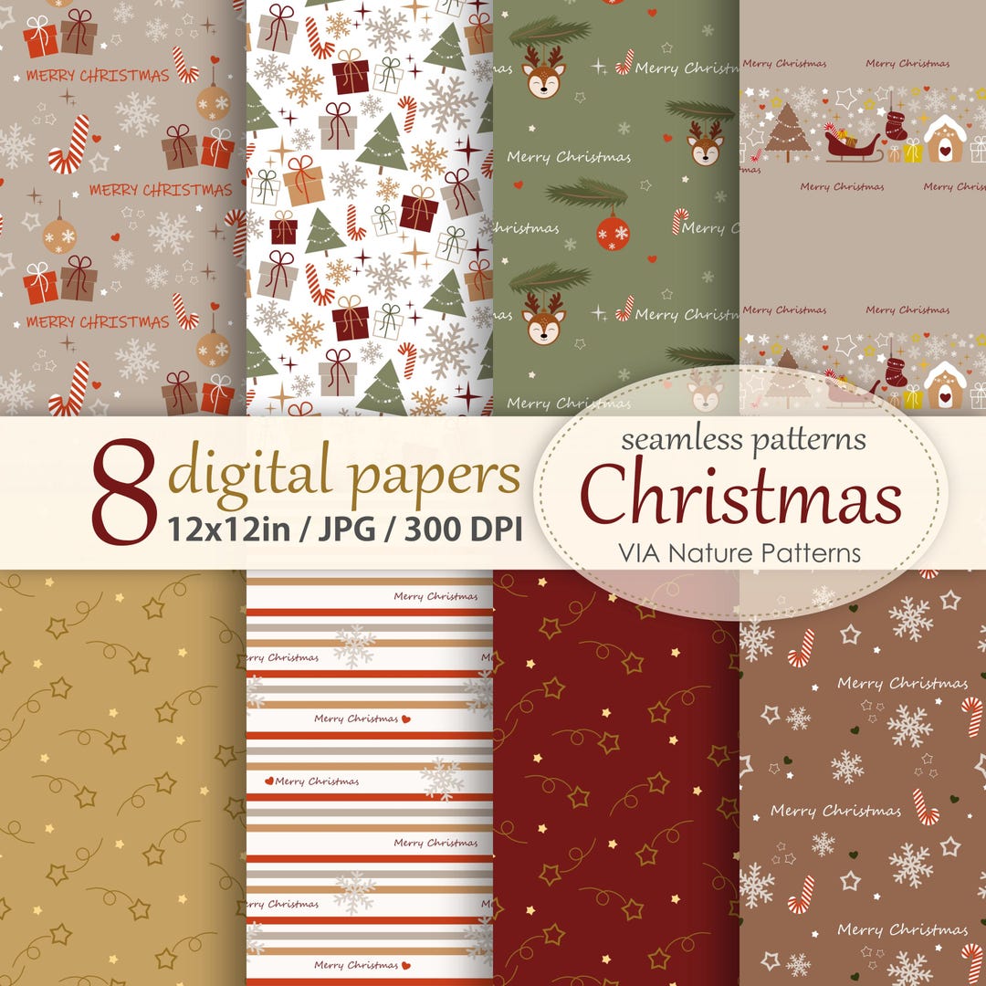 Christmas Digital Paper Set 8 Christmas Seamless Patterns New Year ...