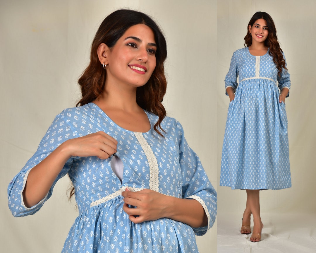 Printed Cotton Pregnancy and Postpartum Dress With Baby Feeding Zip and ...