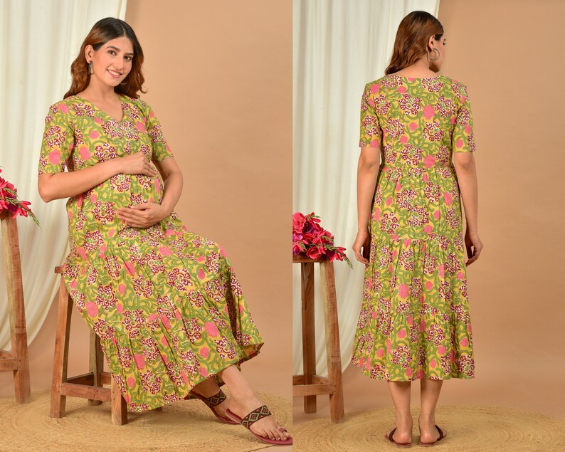 Floral Print Pregnancy Dress Nursing Wear Gown With Baby Feeding Zipper ...