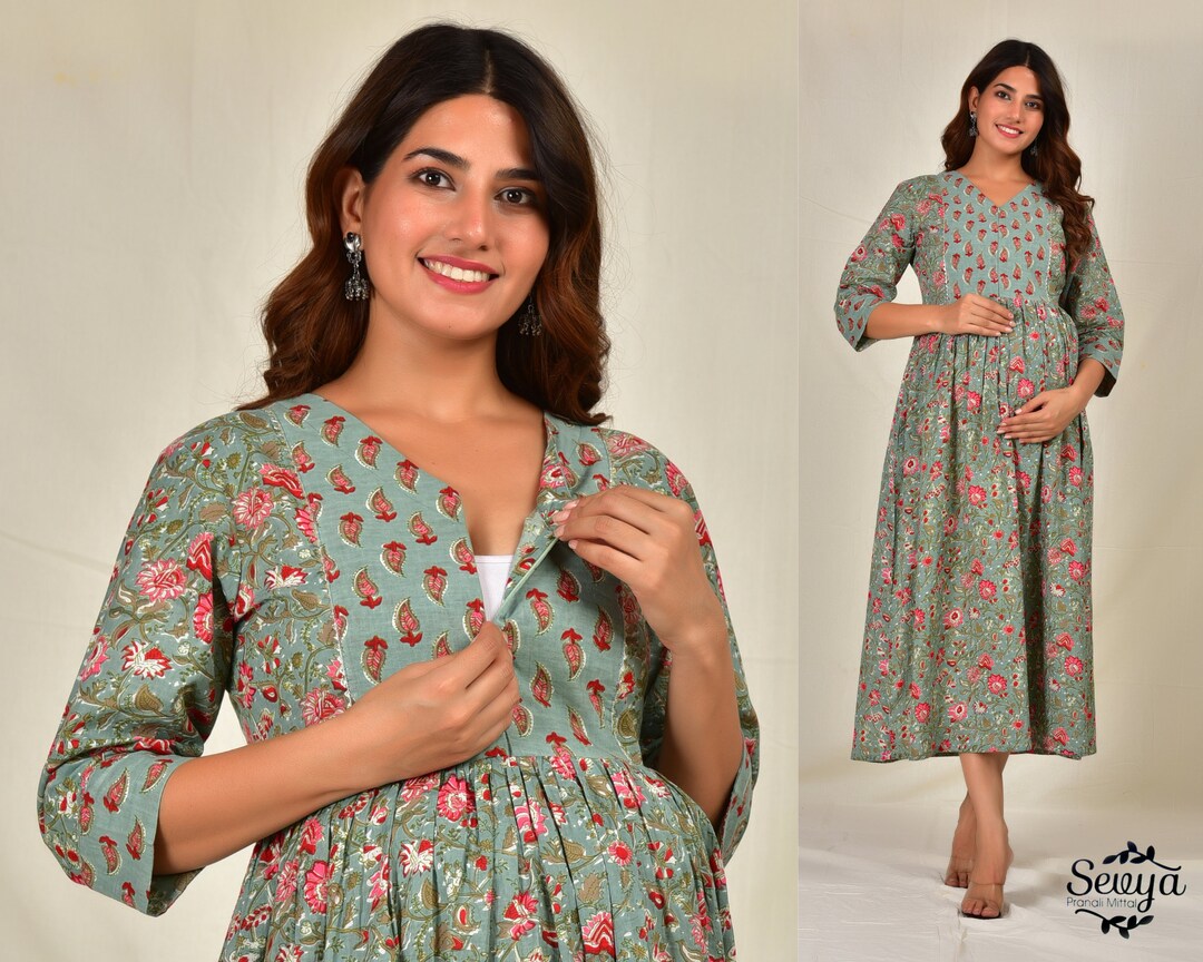 Floral Print Cotton Maternity Dress With Breast Feeding Zip Printed ...