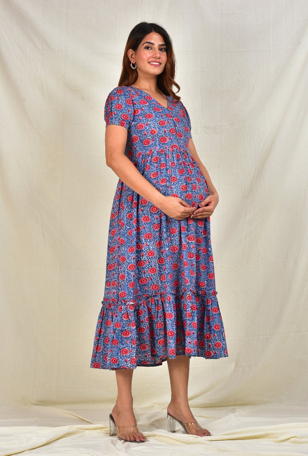 Printed Maternity Dress With Breast Feeding Zip Labour Delivery ...
