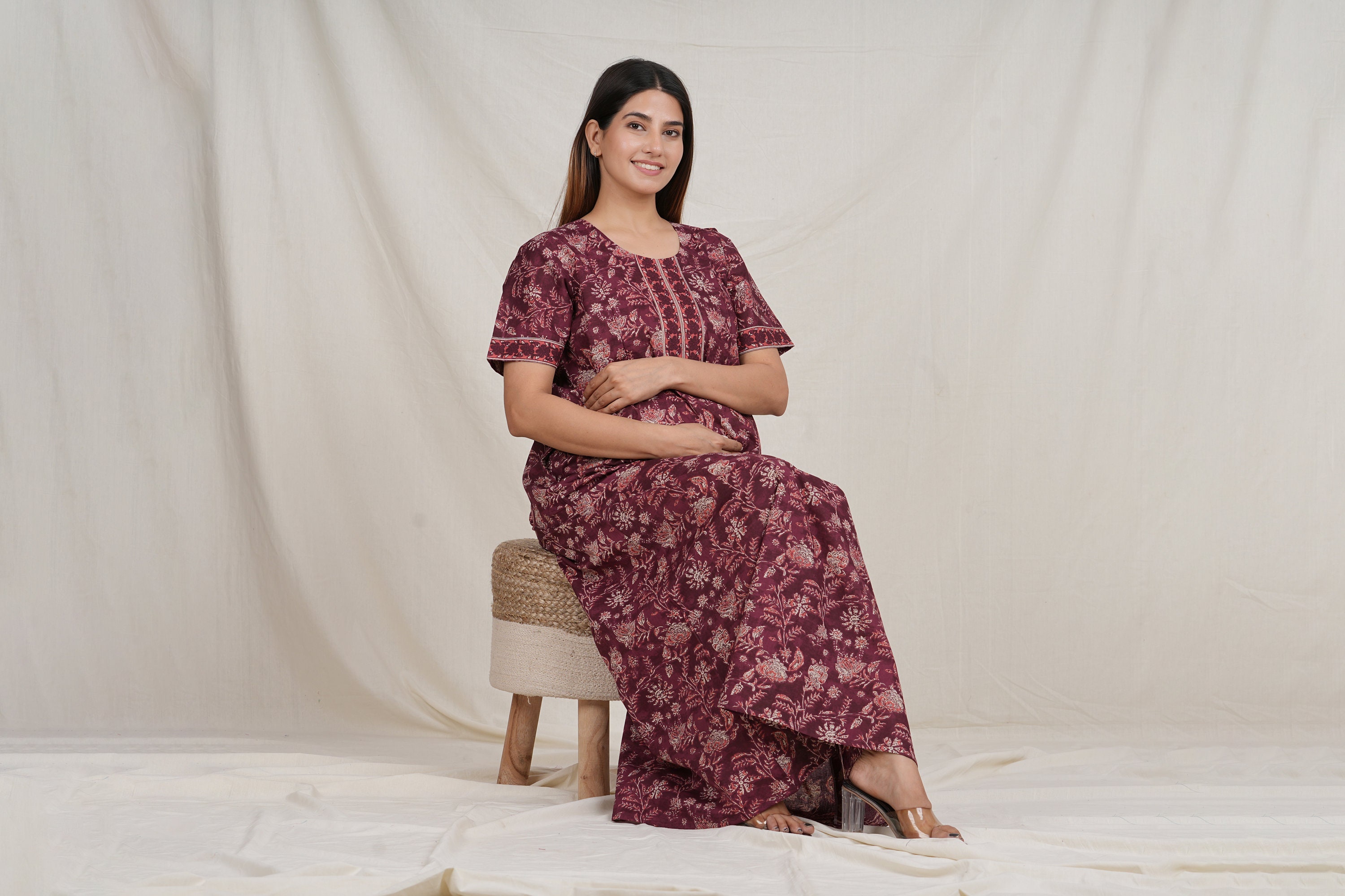 Cotton Maternity Nightie Gown With Both Side Zip Baby Feeding Night ...