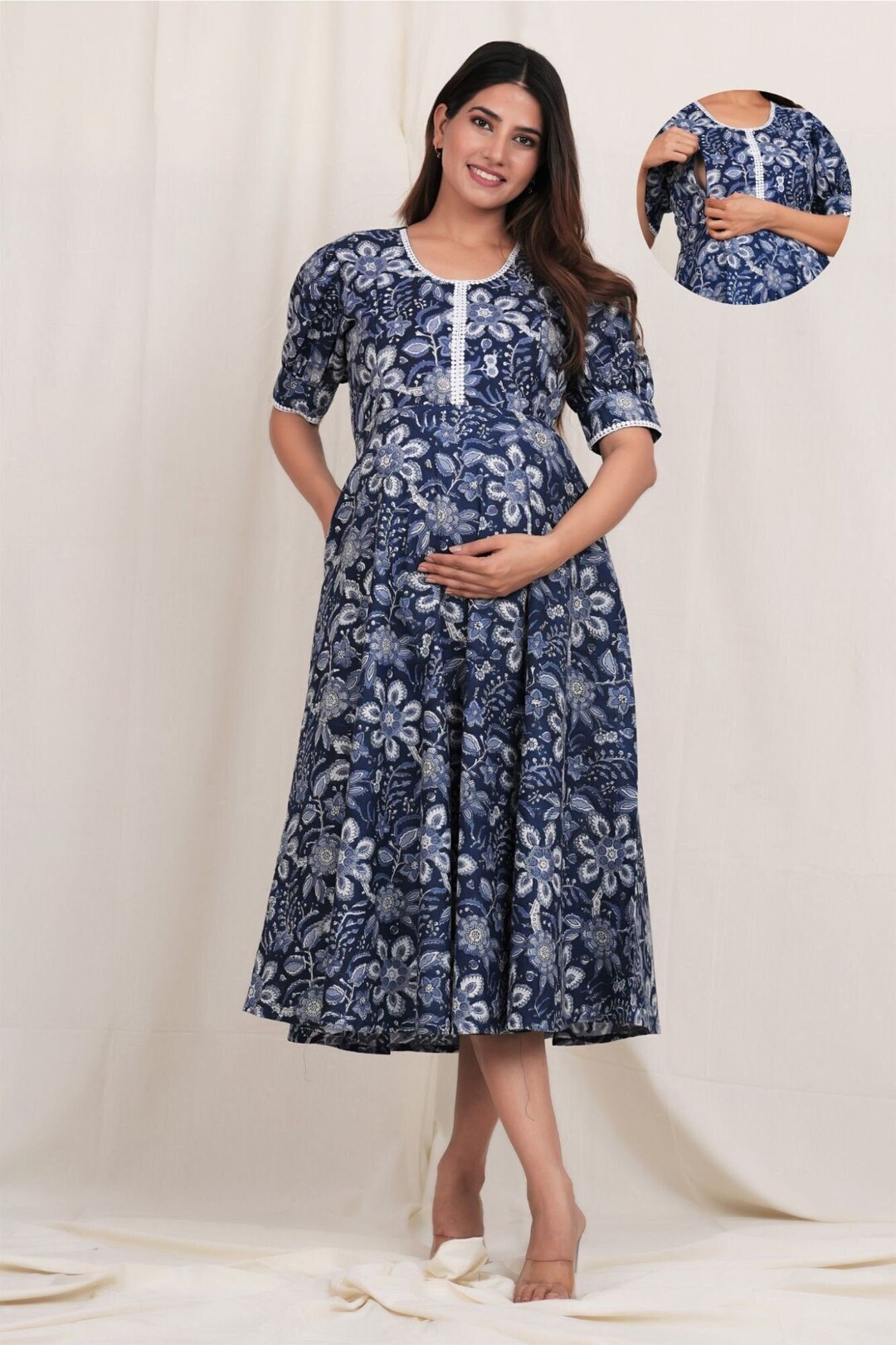 Hand Block Print Cotton Maternity Dress With Baby Feeding Zip and ...