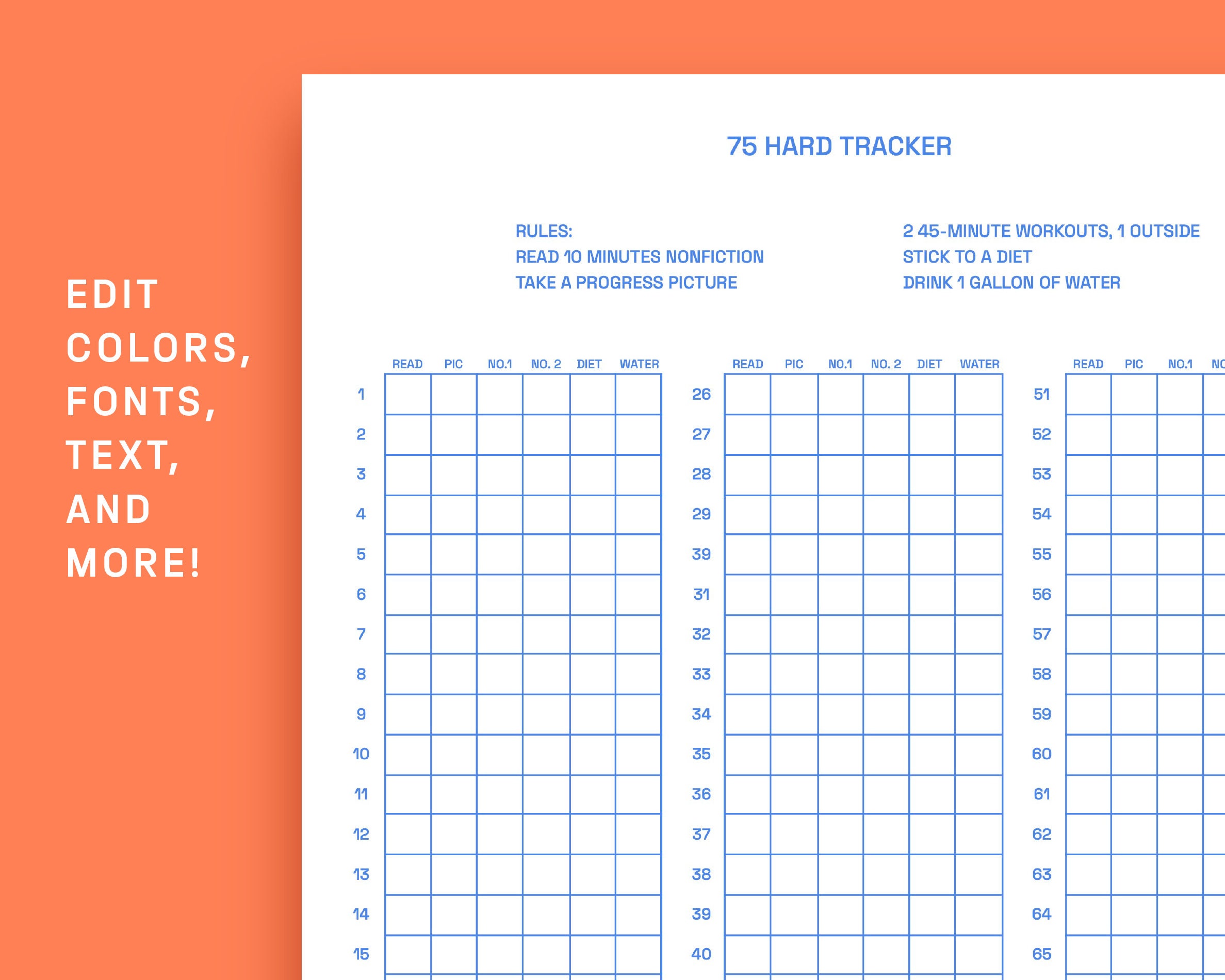 75 Hard Tracker Editable Template Minimalist 75 Hard - Etsy Canada