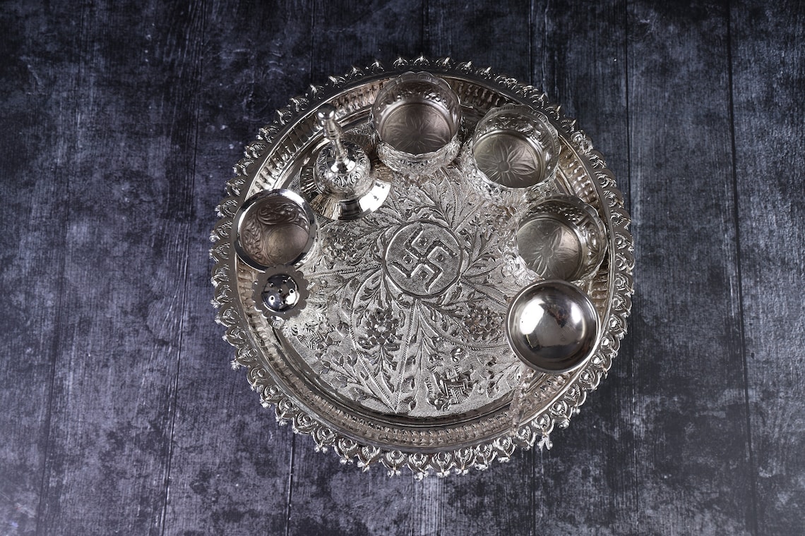 Grman Silver Swastik Plate Puja Thali Set, Return Gift, Puja Thali ...