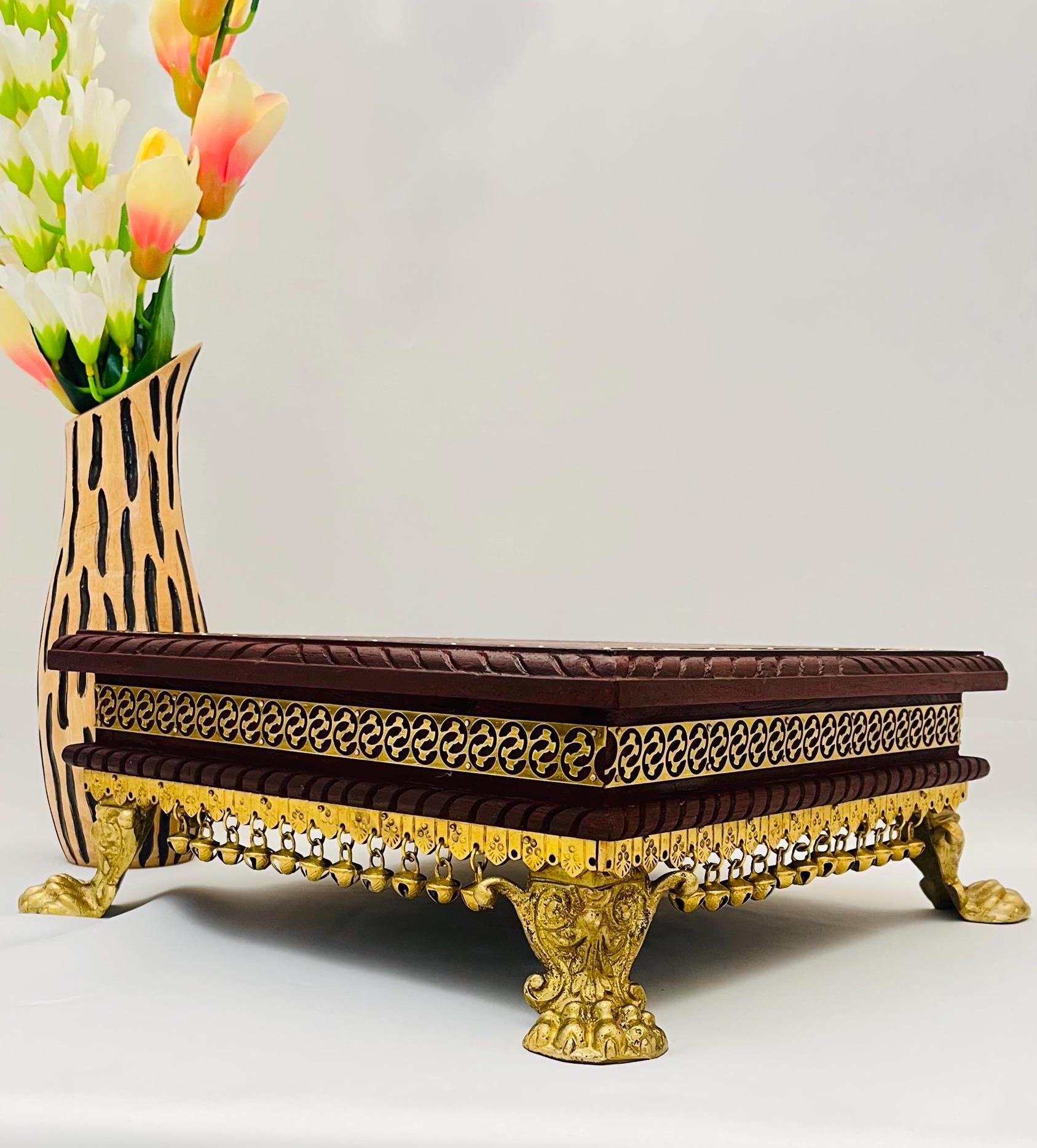 Wooden Pooja Chowki With Brass Bells | Indian Home Temple Altar Stand ...
