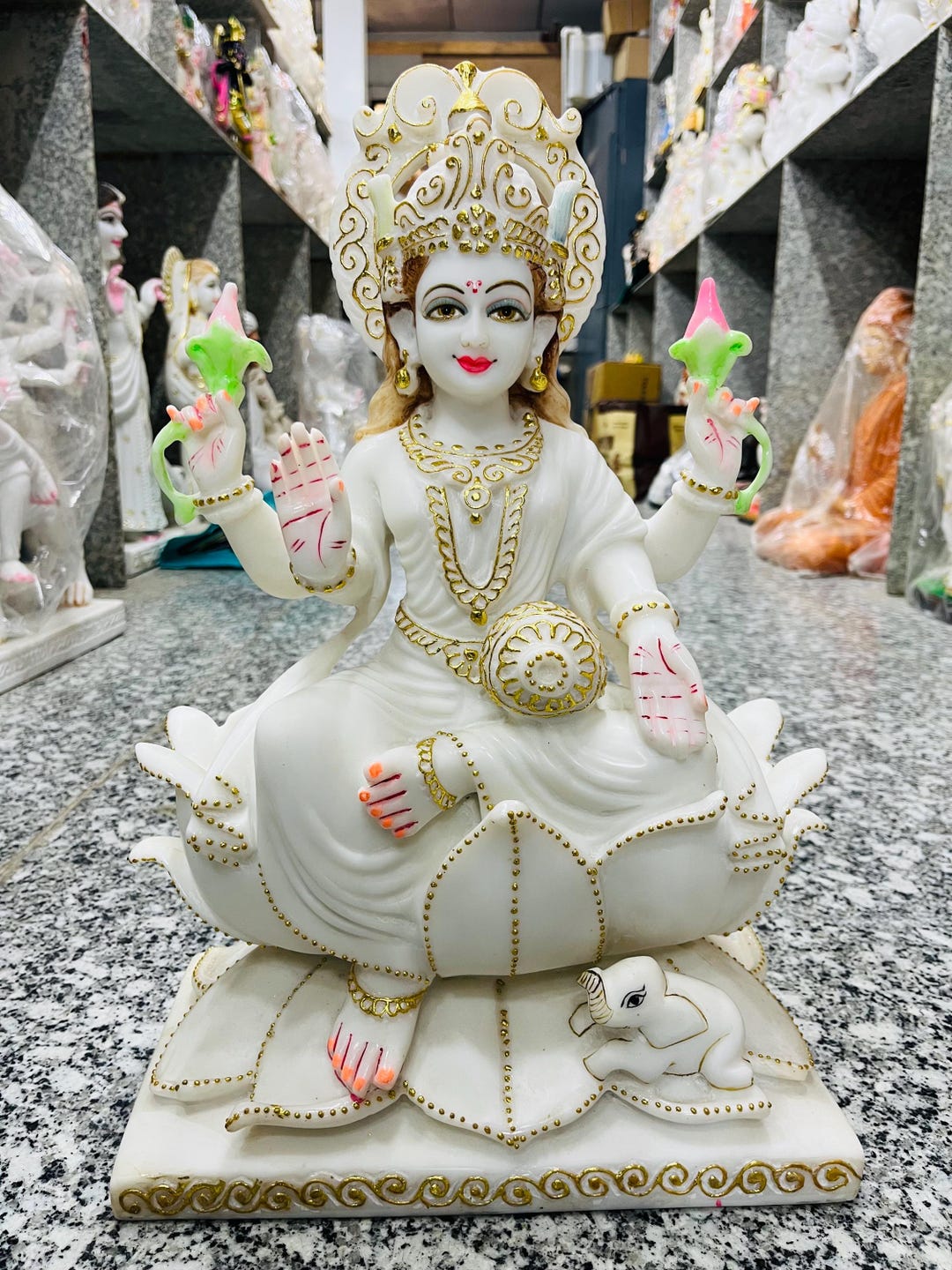 Lakshmi Goddess Statue 46CM, Sitting Laxmi on Lotus Idol Home Temple ...