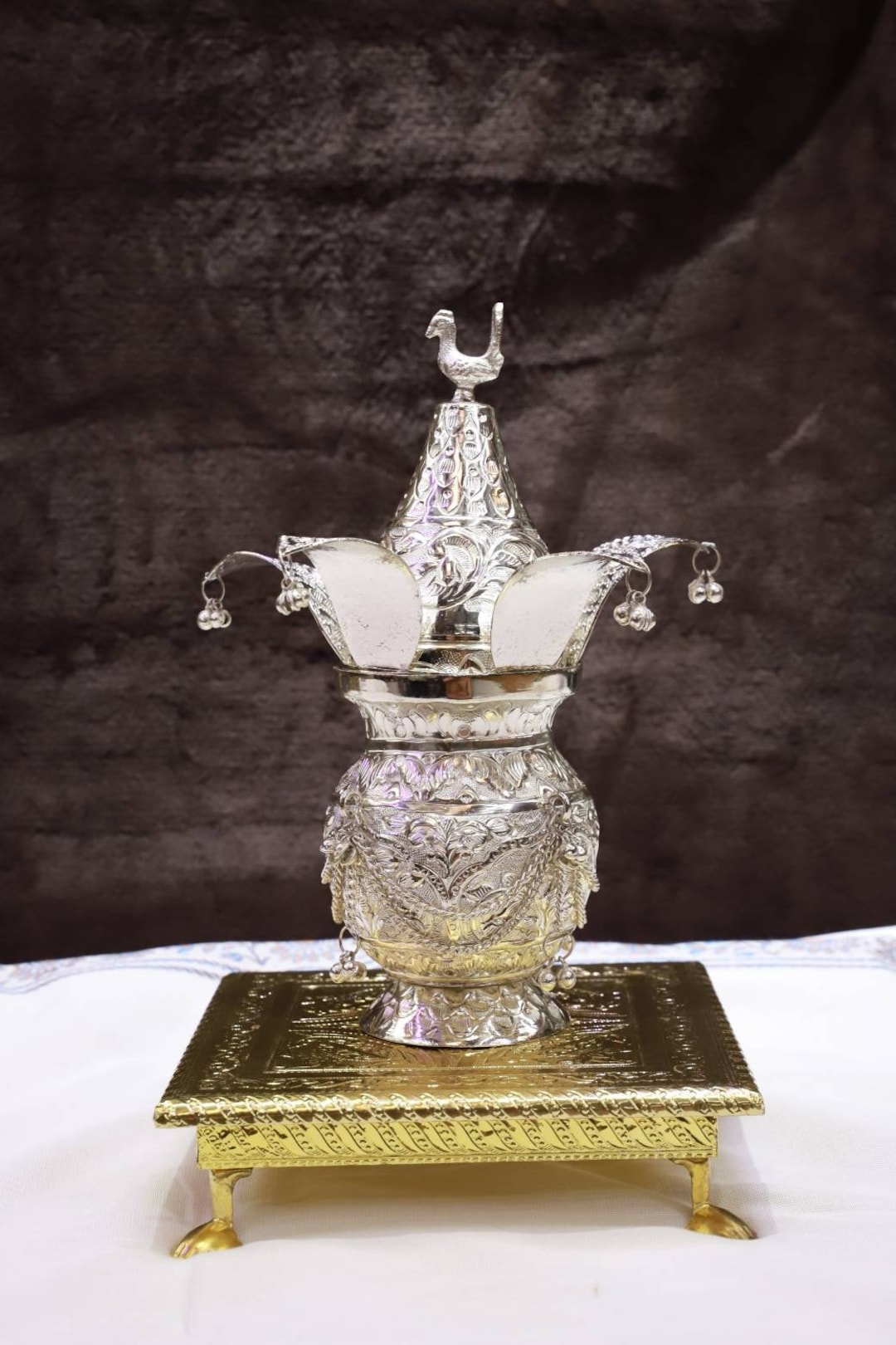 Silver Polish Kalash Pot With Metallic Coconut & Banana Leaves, Poojan ...