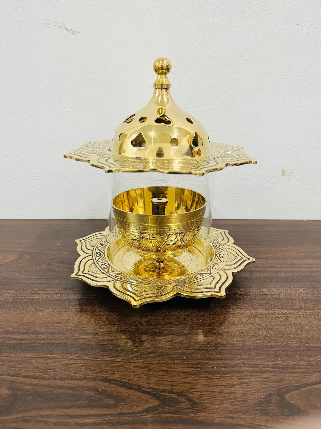 Akhand Jyot Brass Oil Lamp With Kalash Lid | Hindu Temple Diya | Long ...