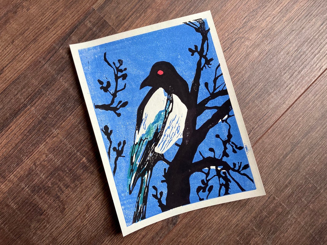 Linocut Print Magpie Original Print Illustration Artwork Bird Colorful ...