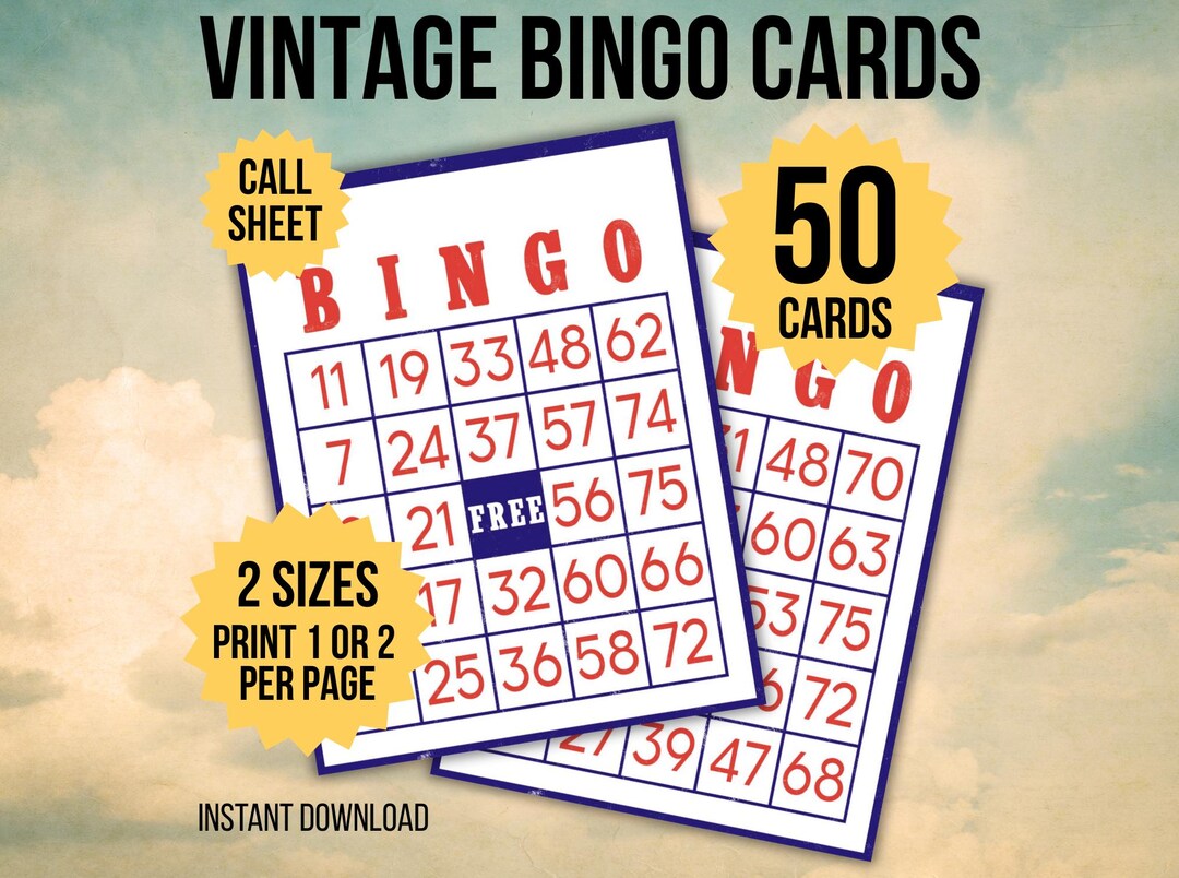 Vintage Style Printable Bingo Game – 50 Unique Cards – Retro Party Game ...