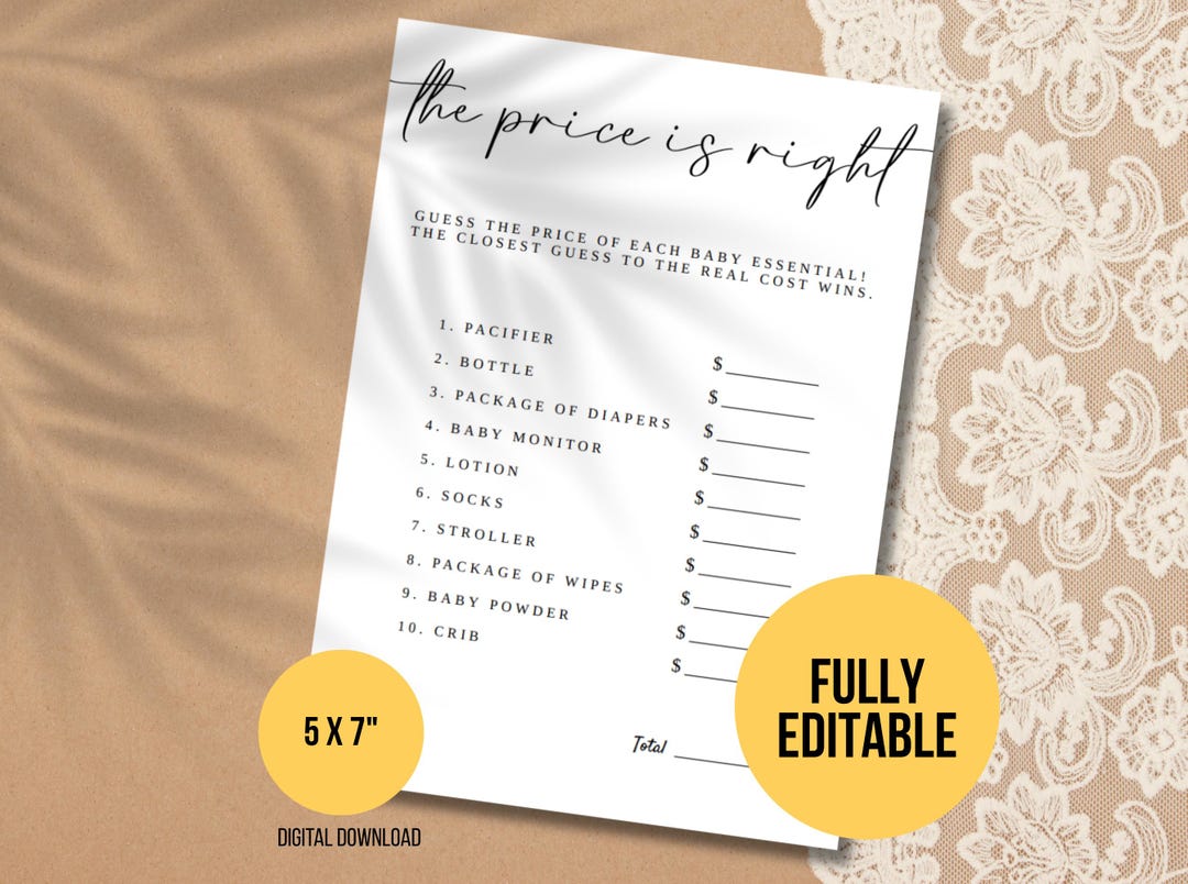Baby Shower Guess the Price Printable Game - Editable Template - Game ...
