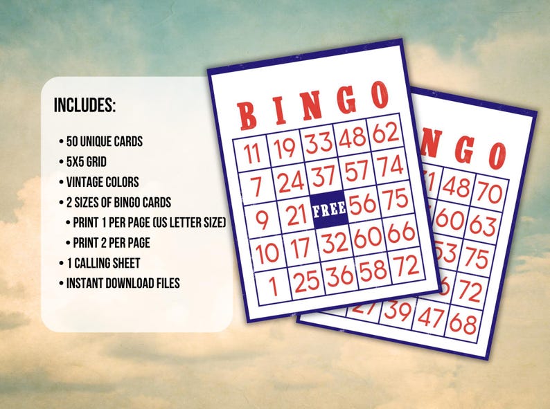 Vintage Style Printable Bingo Game – 50 Unique Cards – Retro Party Game ...