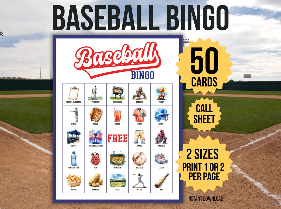 Baseball Bingo Game Digital Download - Set of 50 Unique Cards, Sports ...