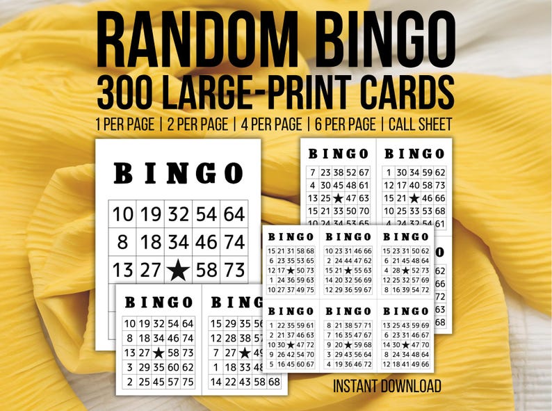 300 Unique Bingo Cards Printable PDF – Randomized Large Print Bingo Game | 1, 2, 4, 6 per Page ...