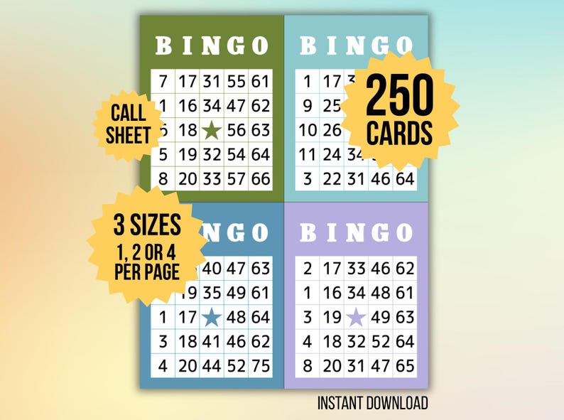 250 Colorful Bingo Cards Printable PDF – 10 Bright Colors | 1, 2, or 4 ...