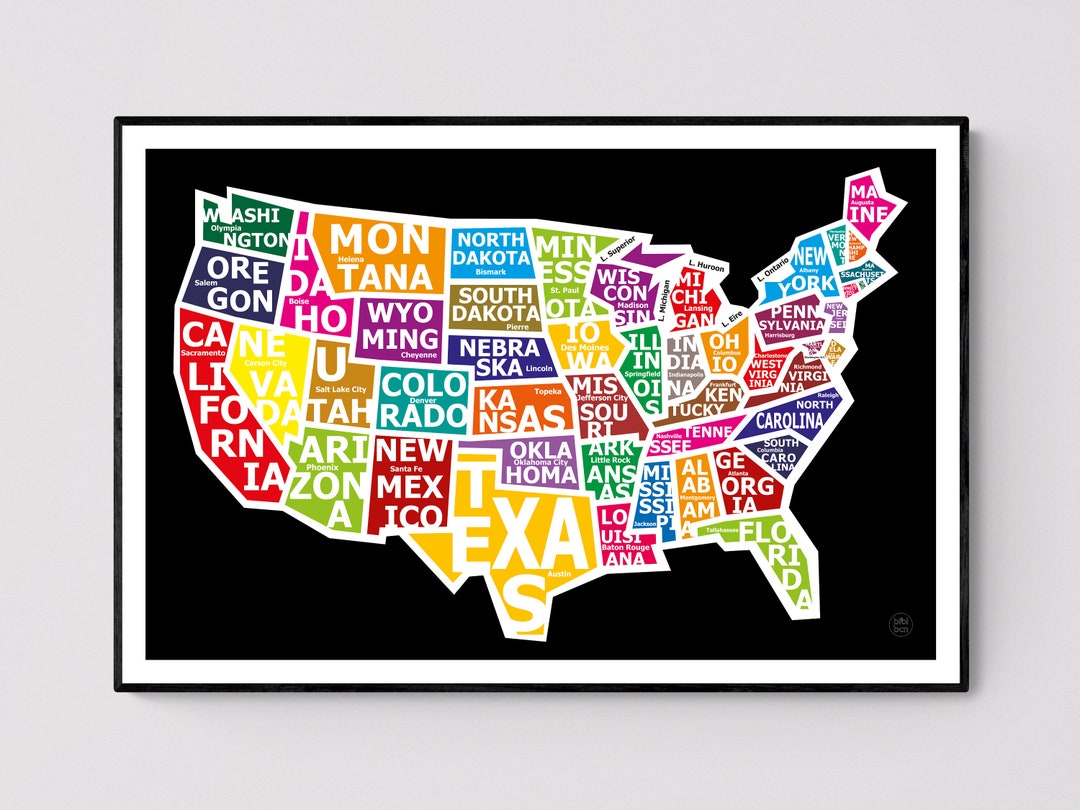 United States Map Poster, USA Map Home Decor, United States Typography ...