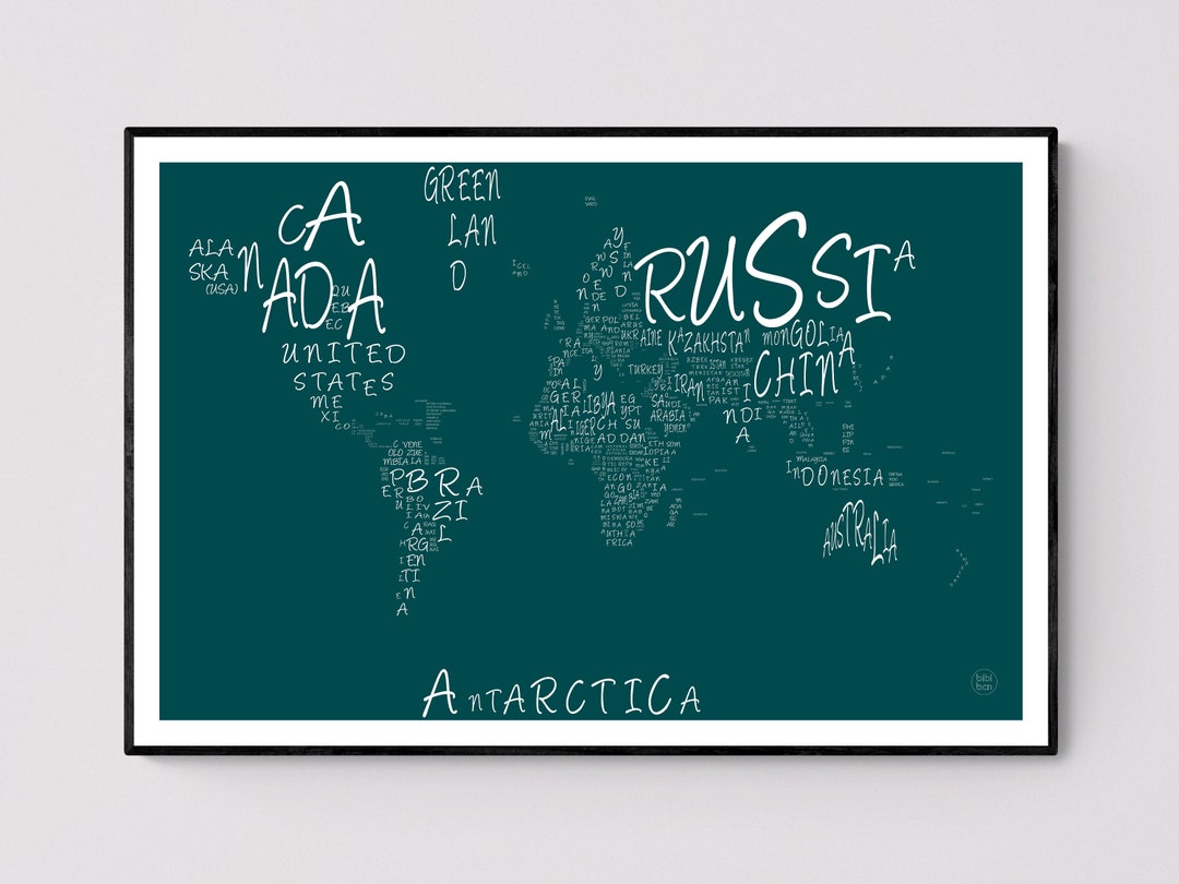 Map Art for Bedroom, Handwritten Map of the World, Text Map for Kids ...