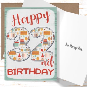 Happy 32nd Birthday Card for Her, Birthday Card for 32nd Birthday, Cute ...