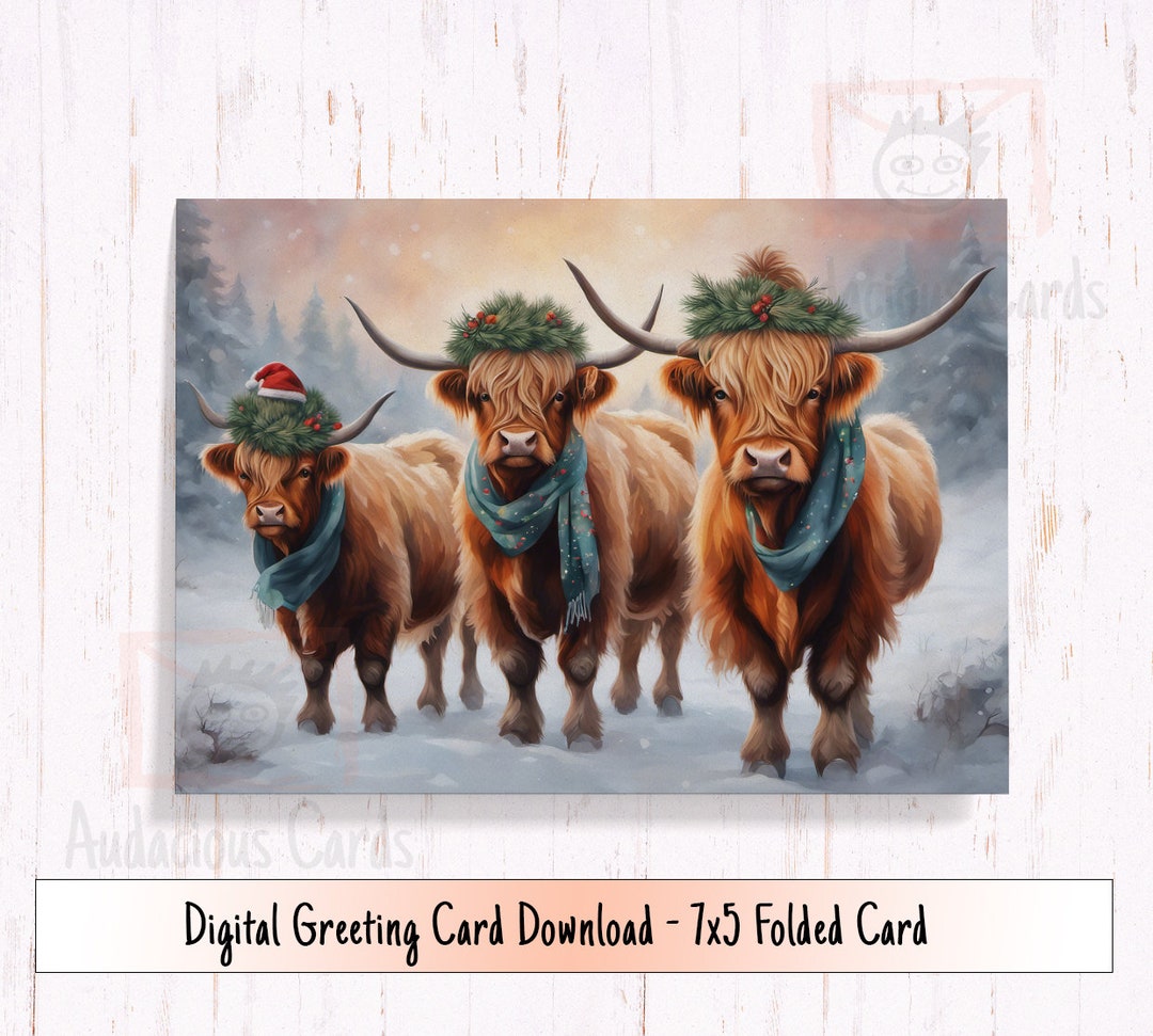 Printable Christmas Card, Family Highland Cow Wearing Santa Hat ...