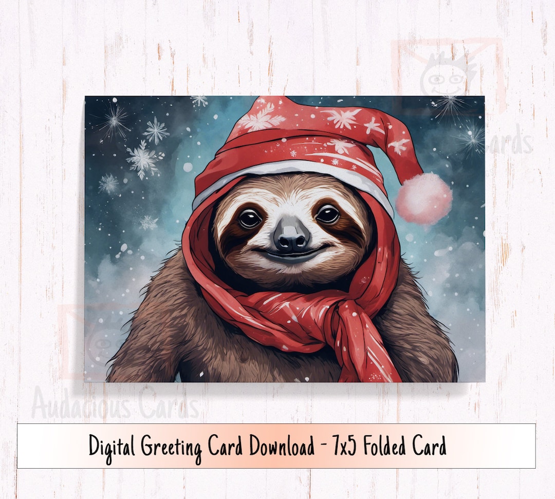 Printable Sloth Holiday Card, Christmas Sloth Wearing Santa Hat ...