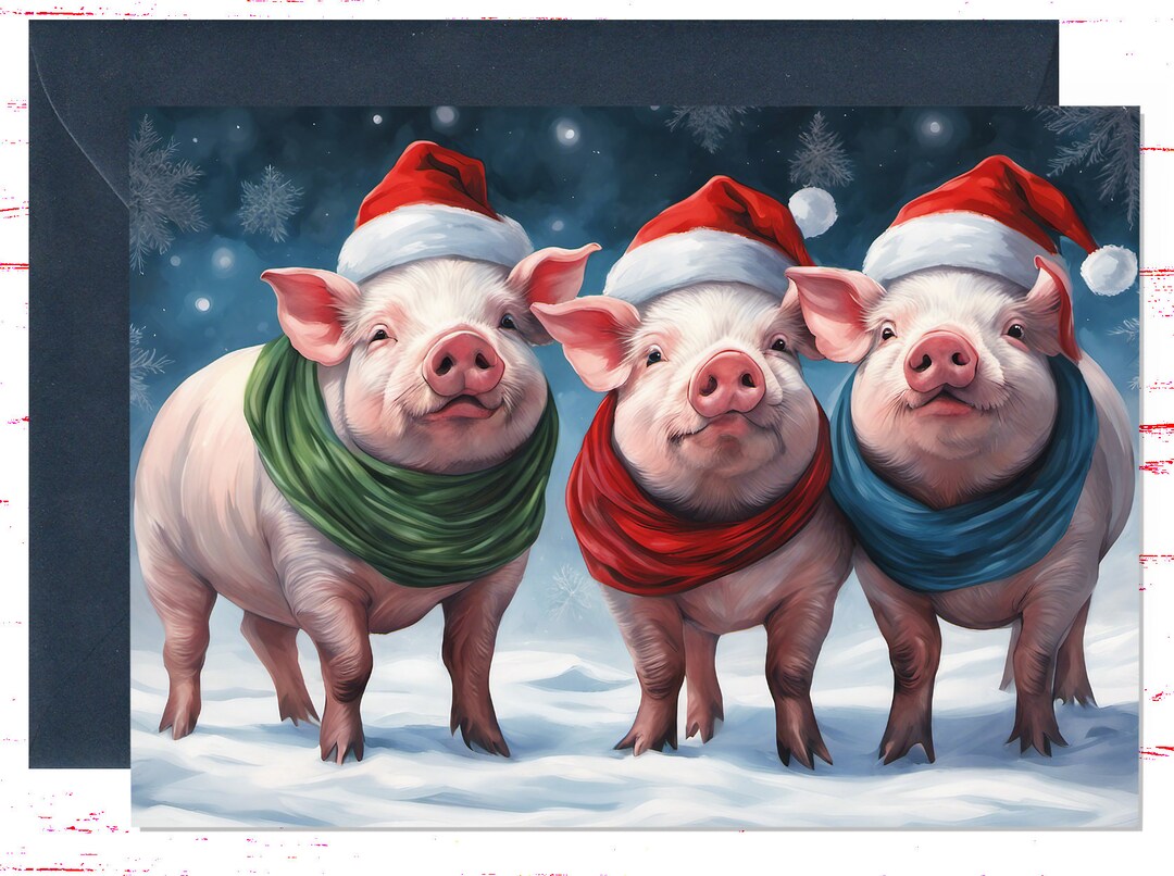 Pigs Seasonal Card, Animal Greeting Card, Holiday Christmas Cards, Pot ...