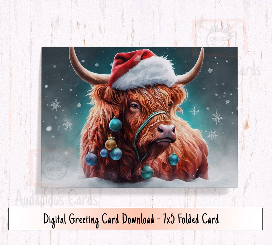 Digital Christmas Card Highland Cow in Snow, Printable Christmas Card ...