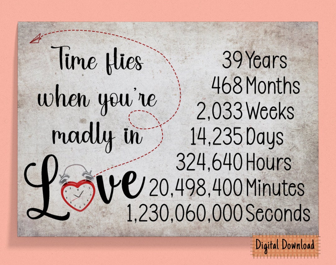 Printable Time Flies 39th Anniversary Card, 39th Anniversary for Him ...
