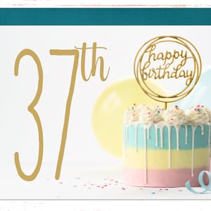 37th Birthday Card for Her, Beautiful Birthday Cake Card With Gold ...