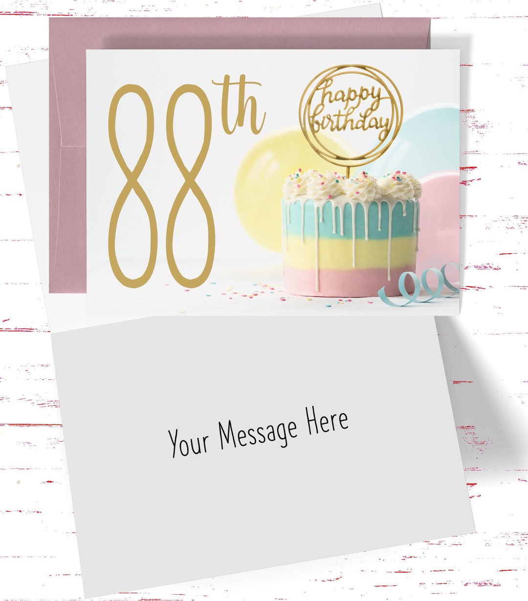 88th Birthday Card: Gold Lettering, Pastel Cake - Etsy