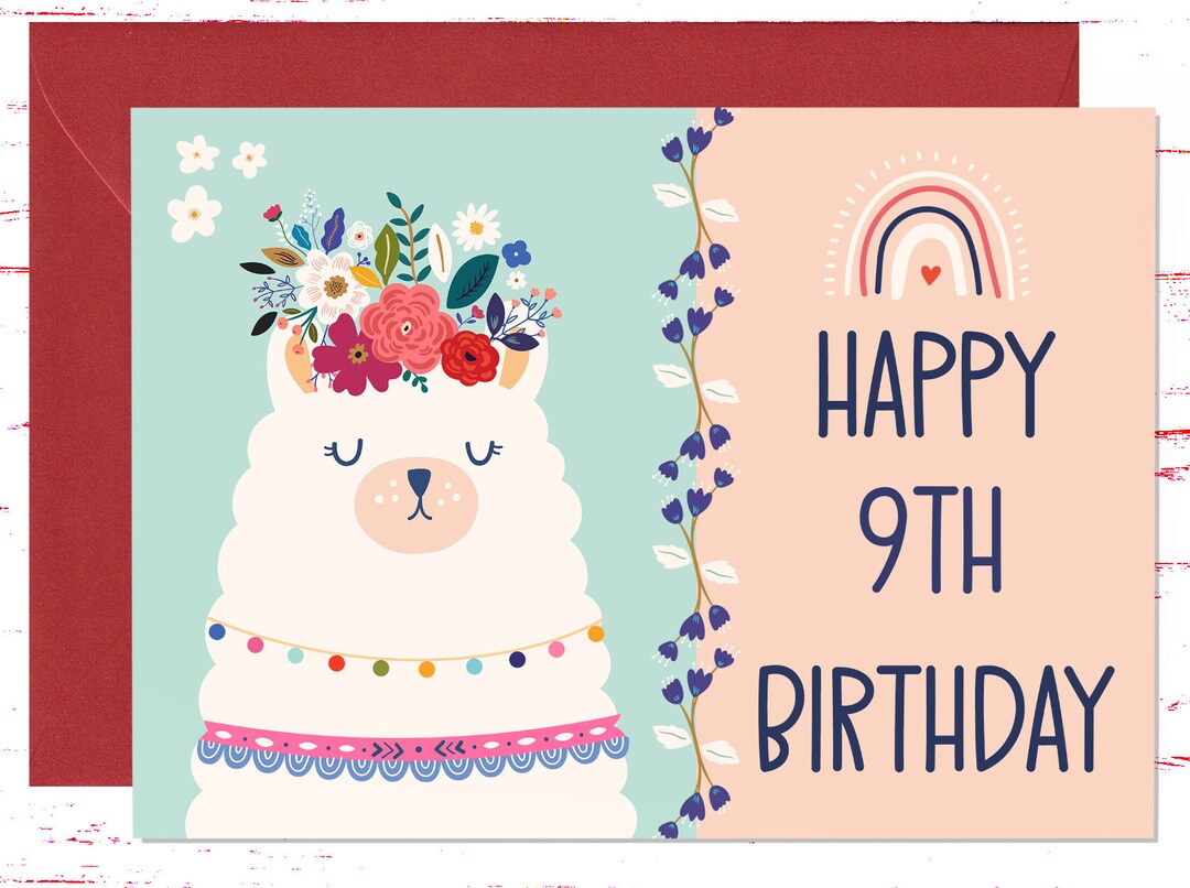 9th Birthday Card, Cute Llama 9th Birthday Greeting Card, Funny 9 Year ...