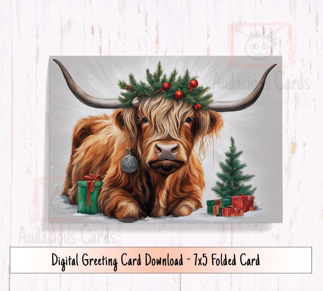 Printable Christmas Card, Cute Highland Cow With Christmas Tree and ...
