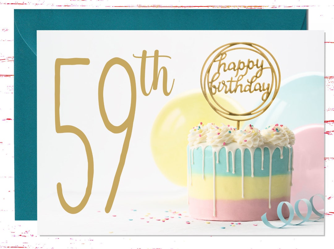 59th Birthday Card for Her, Beautiful Birthday Cake Card With Gold ...