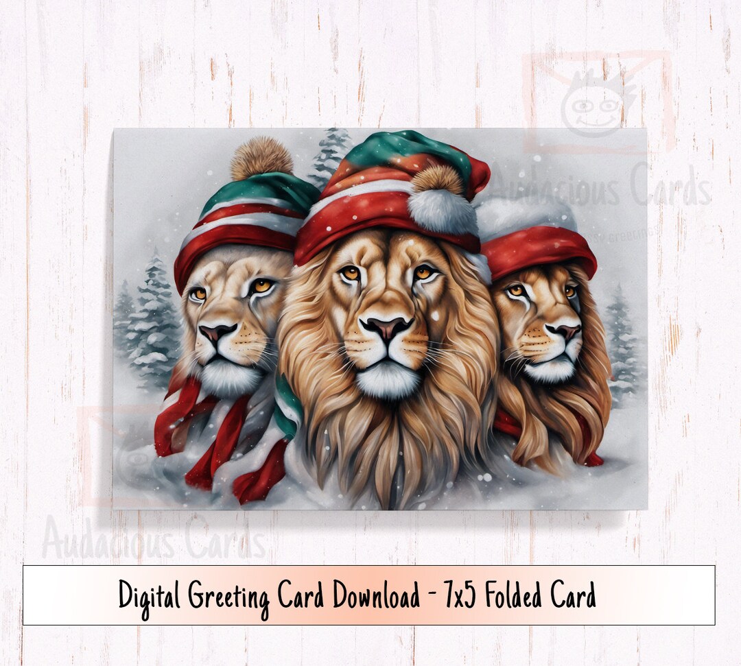 Printable Lion Holiday Card, Christmas Lions Wearing Santa Hat, Digital ...