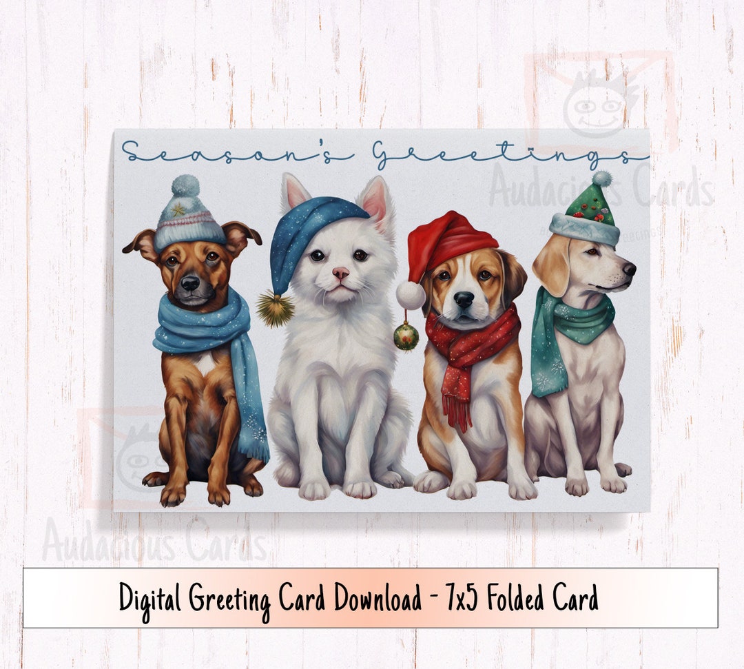Printable Holiday Card, Winter Dogs Wearing Scarves and Winter Hats ...