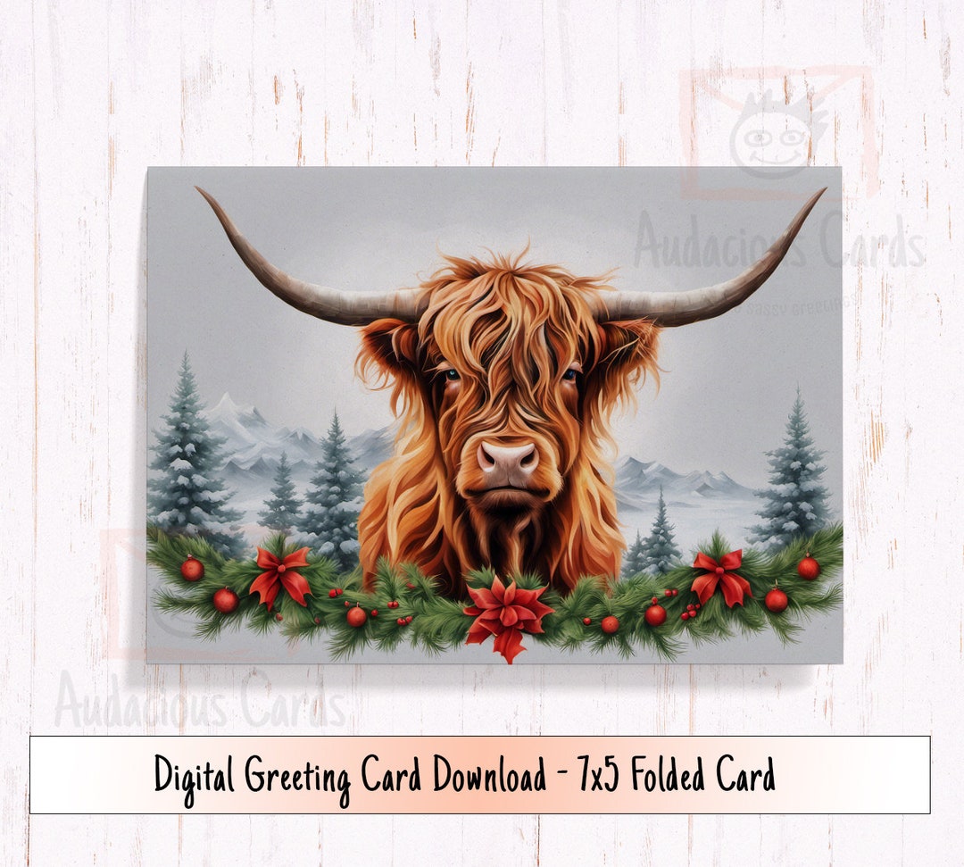 Printable Winter Season Card, Cute Highland Cow With Christmas Wreath ...