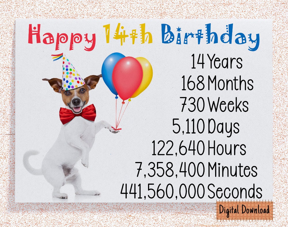 Printable Cute 14th Birthday Card, Time Count Birthday Card for 14th ...